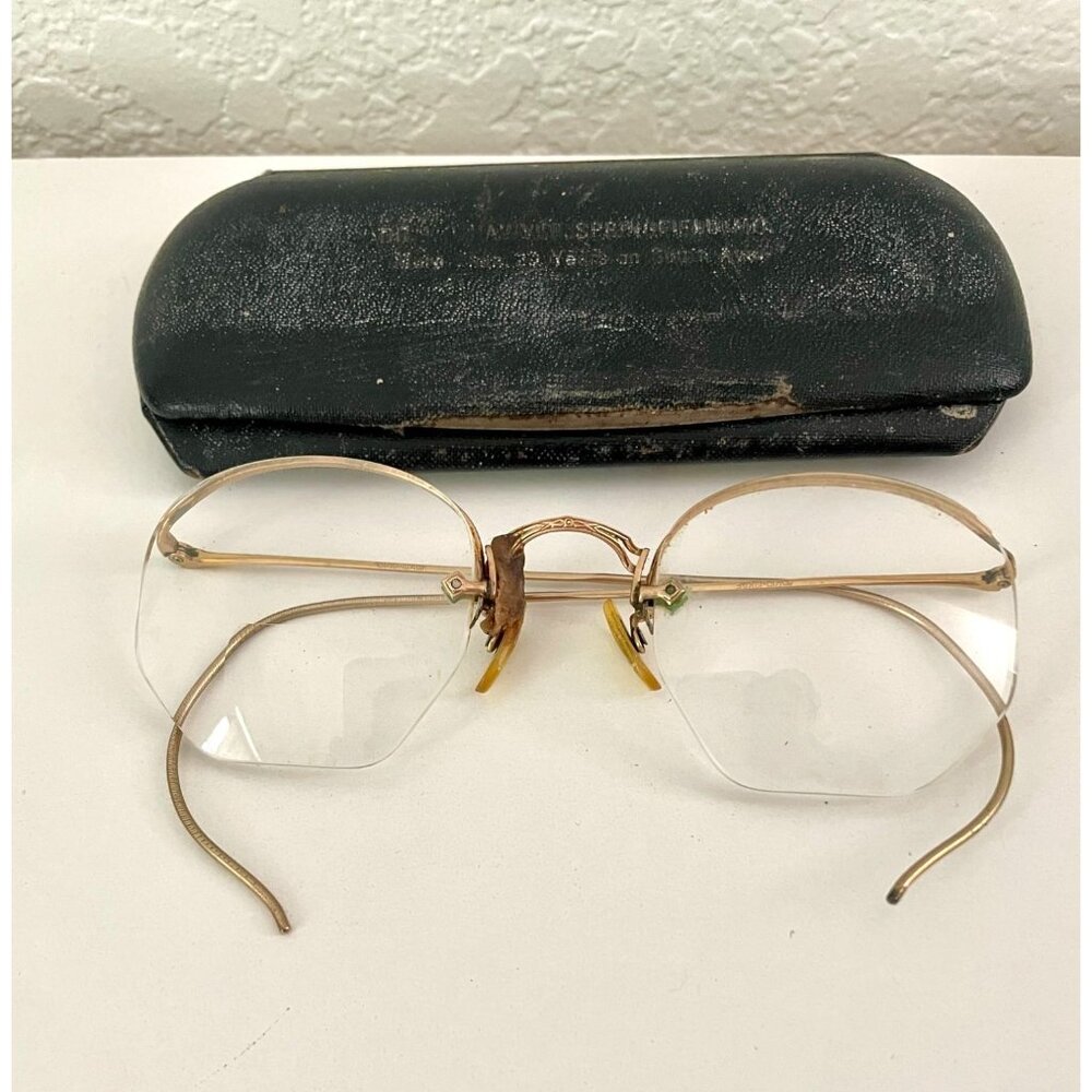 Vintage Mens Gold Metal Wire Wrap Eyeglasses W/Origin… - Gem